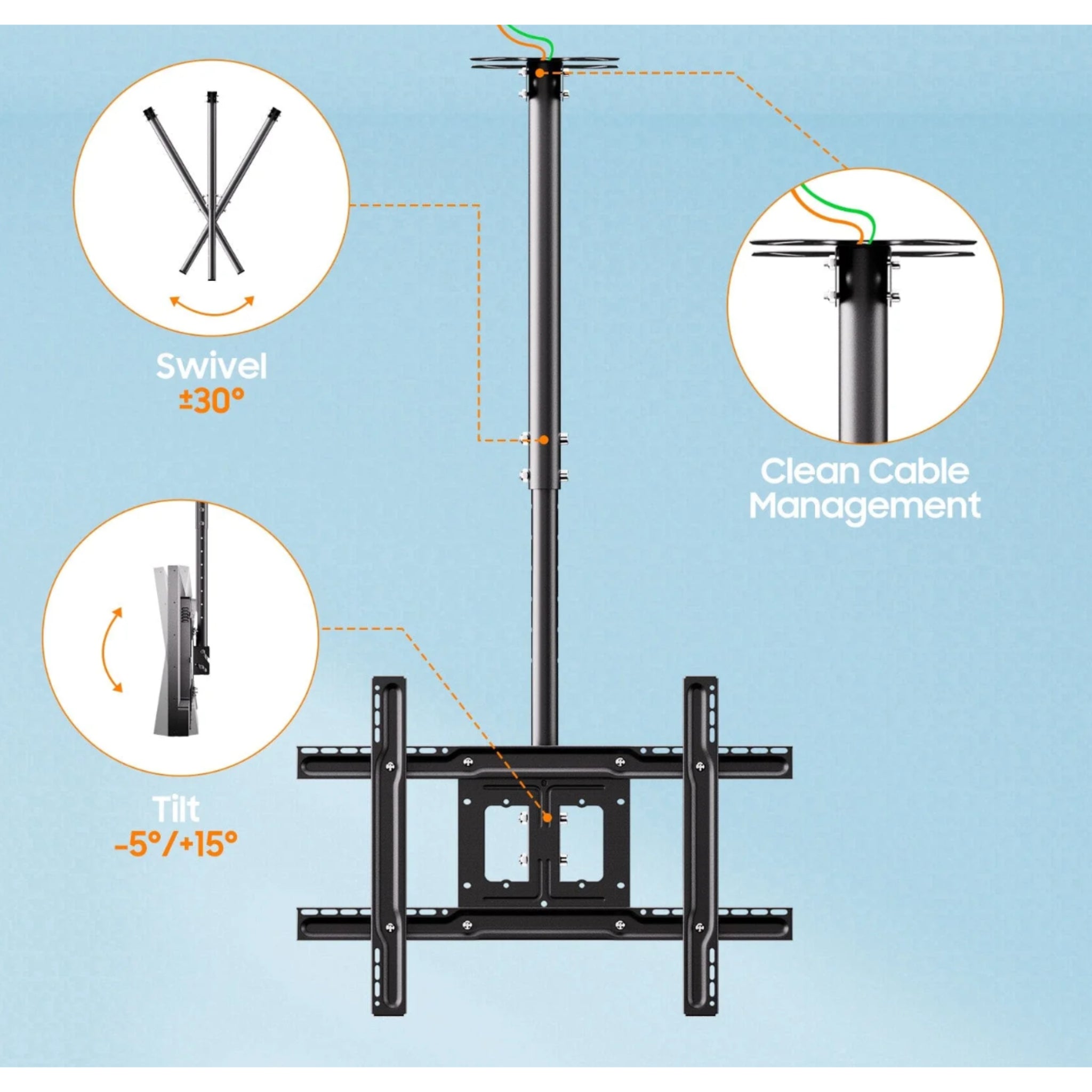 Outdoor TV Ceiling Mount | 32–65″, Adjustable Drop, VESA 600×400